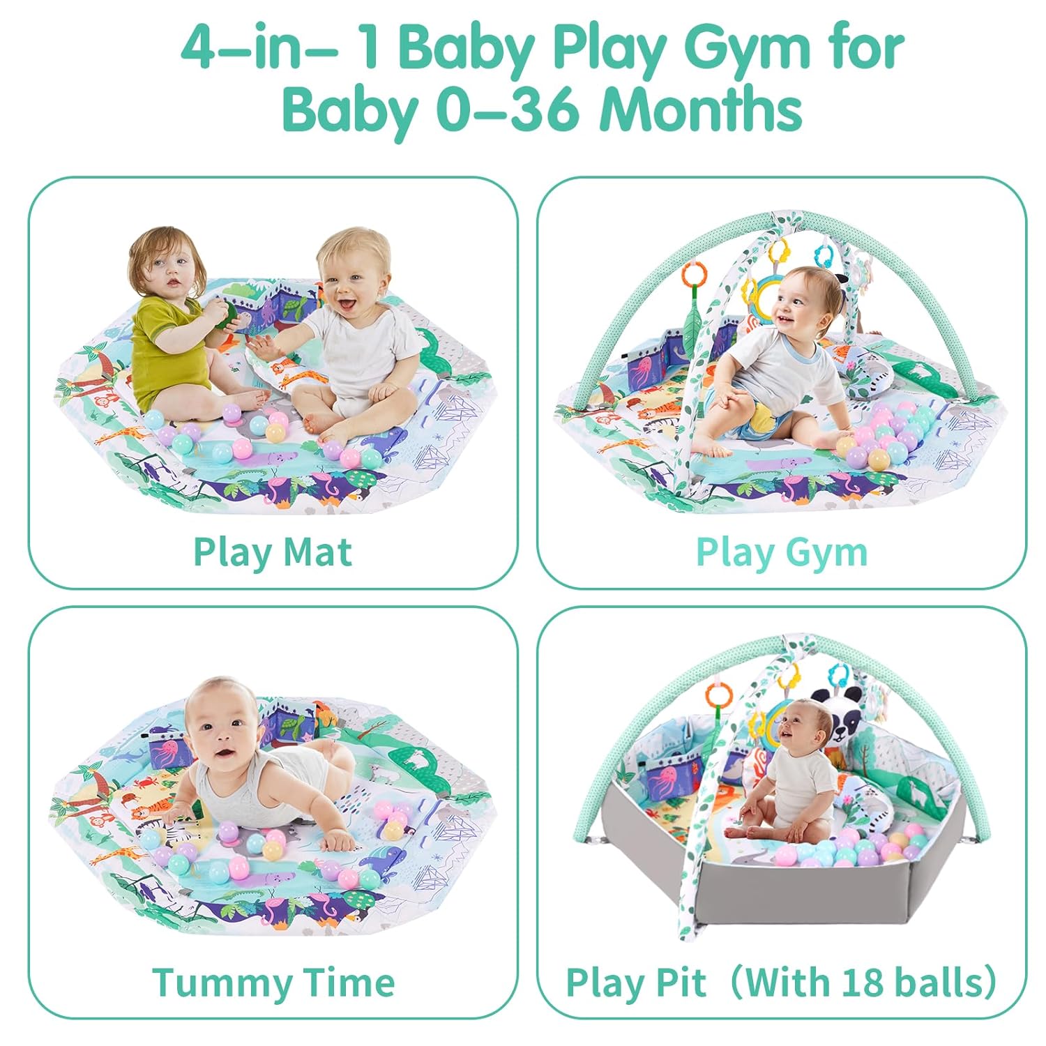 5-in-1 Baby Play Gym Mat, Tummy Time Activity Mat, with 8 Detachable T