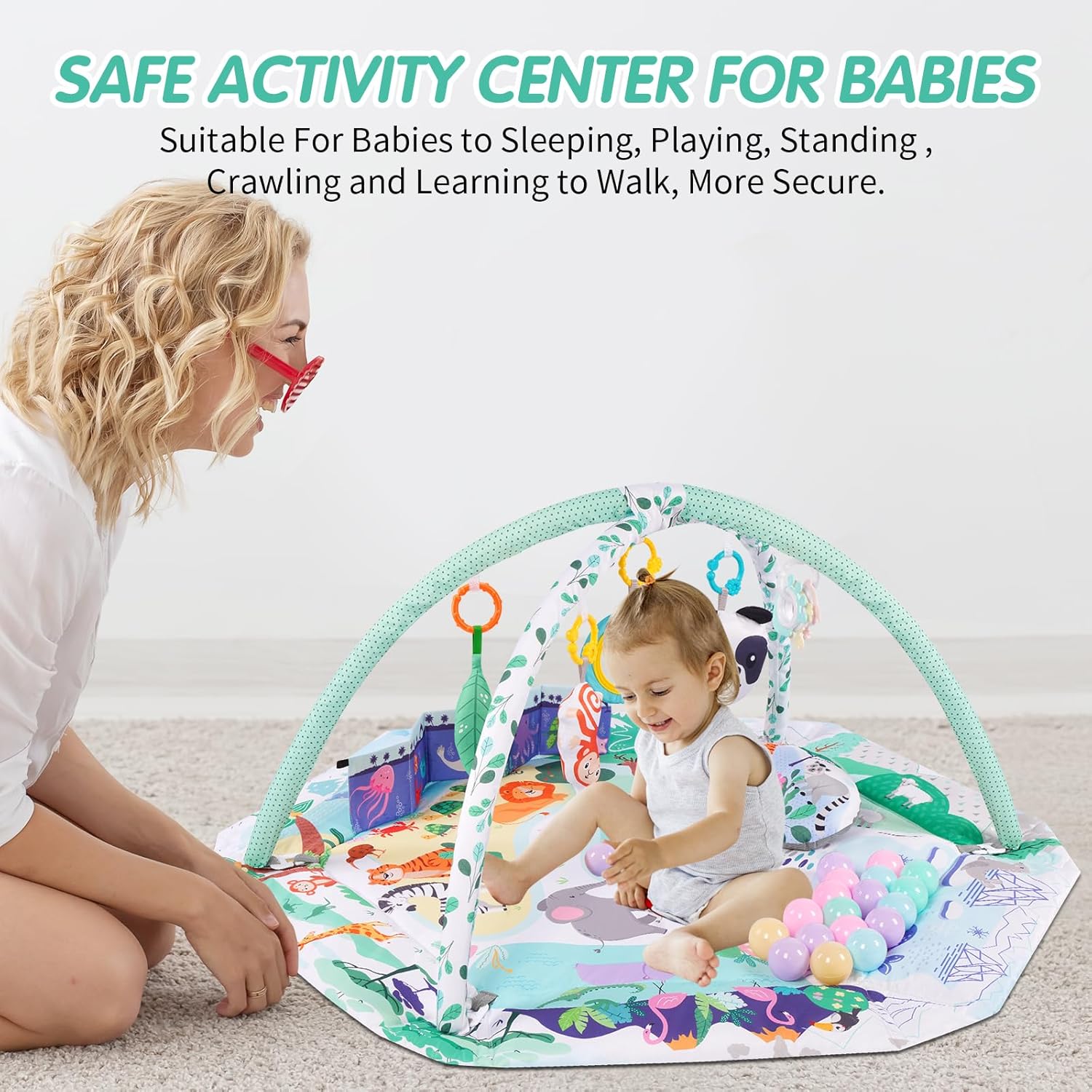 5-in-1 Baby Play Gym Mat, Tummy Time Activity Mat, with 8 Detachable T