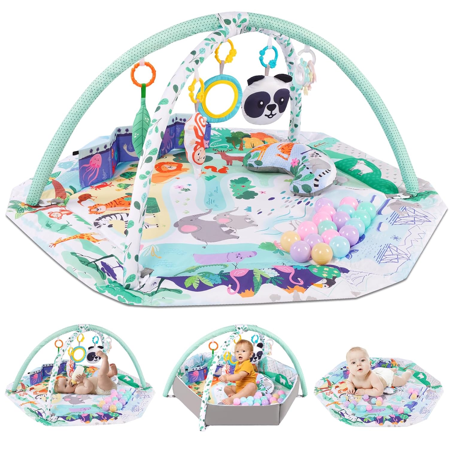 5-in-1 Baby Play Gym Mat, Tummy Time Activity Mat, with 8 Detachable T